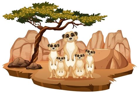 미어캣 가족과 함께 고립된 자연 장면 무료 벡터