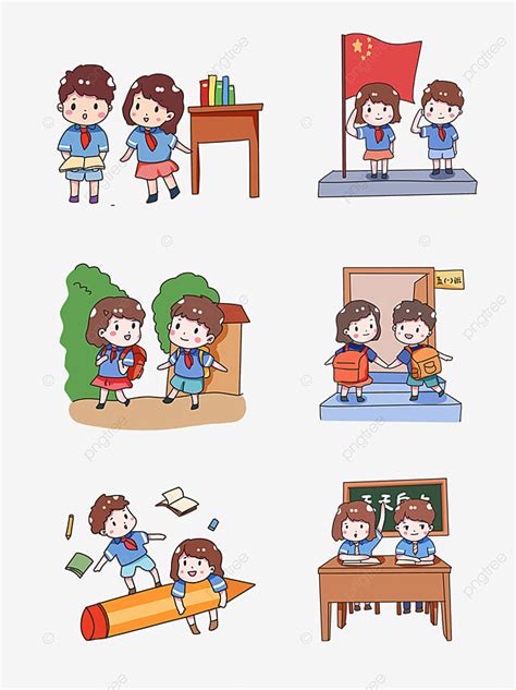 卡通手繪上學日的小學生 教師節 學校開學了 打飯學生素材圖案，psd和png圖片免費下載