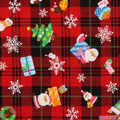 Checkered Christmas Fabric With Tossed Santa By Cosmo Fabric By Cosmo