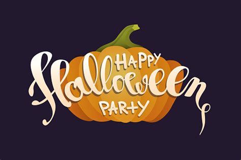해피 할로윈 파티 어두운 배경에 할로윈 파티 레터링과 호박 플랫 스타일과 세련된 텍스트의 현대적인 벡터 해피 할로윈 포스터입니다 초대장 10월에 대한 스톡 벡터 아트 및