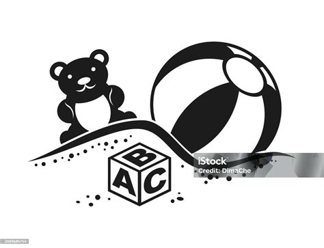 샌드박스의 장난감 테 디 베어 게임 공 및 Abc 큐브 모래 컷 아웃 벡터 아이콘 실루엣 개념에 대한 스톡 벡터 아트 및 기타