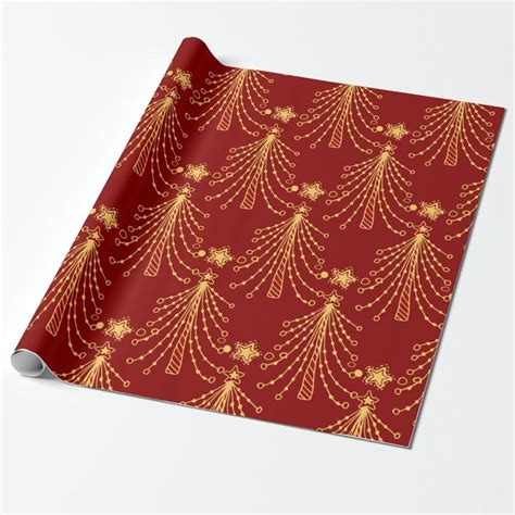 Red And Gold Christmas Wrapping Paper With Golden Pine Trees On The