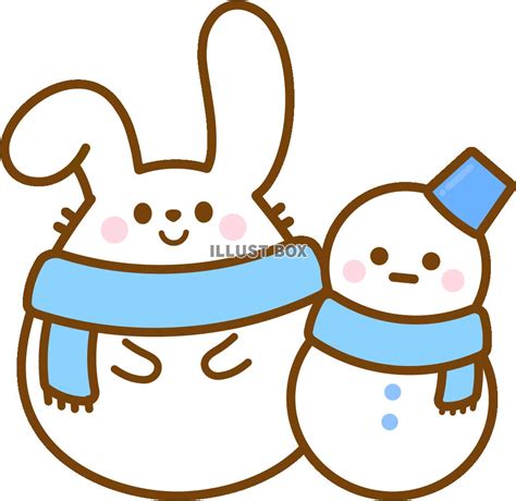 無料イラスト ウサギと雪だるま ブルー