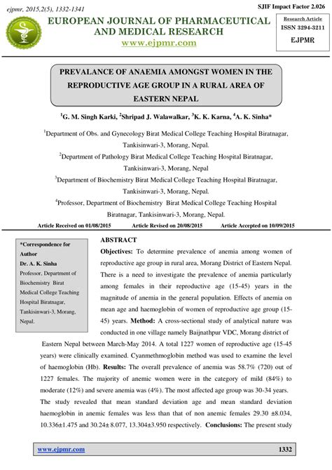 Pdf Prevalence Of Anaemia Amongst Women In The Reproductive Age Group