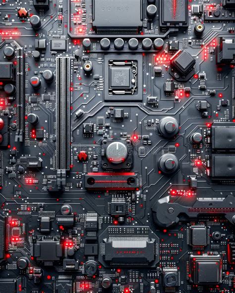 High Detail View Of A Futuristic Circuit Board With Glowing Red Lights