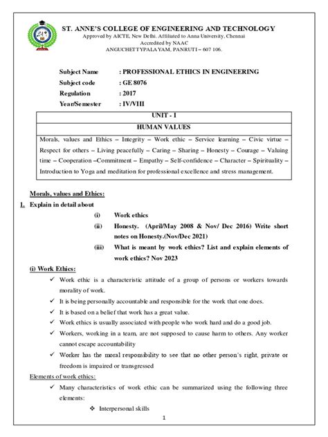 Ge8076 Professional Ethies In Engineering 1640636808 Pee Notes 2024 Pdf Integrity Service