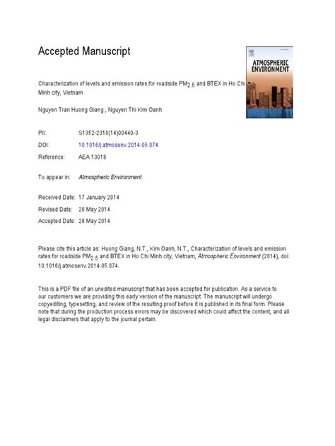 Characterization Of Levels And Emission Rates For Roadside Pm25 And Btex In Ho Chi Pdf Pdf