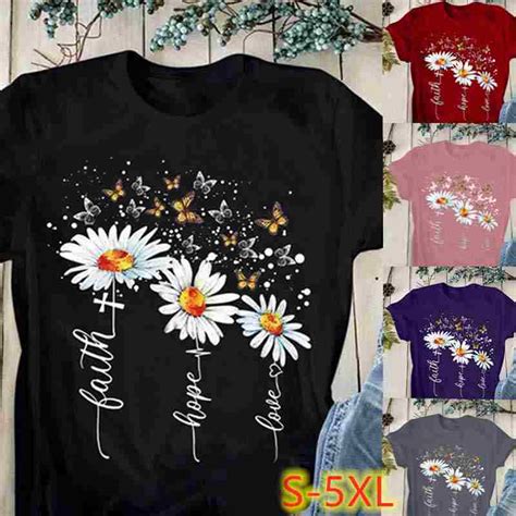 Women Summer Fashion Chrysanthemum Daisy Butterfly Shirt Faith Hope