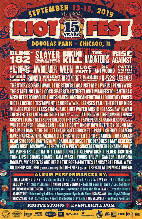 Riot Fest 2019 Lineup Bikini Kill Slayer Blink 182 Patti Smith