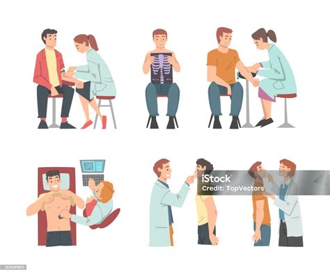 환자 벡터 세트를 검사하는 화이트 코트의 의사와 의학적 검진 및 건강 검진 의사에 대한 스톡 벡터 아트 및 기타 이미지 의사