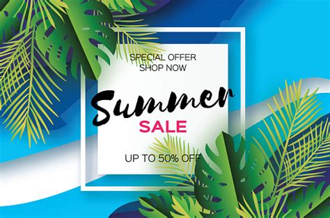 최신 유행 여름 판매 템플릿 배너입니다 종이 잘라 아트 열 대 야자수 잎 식물 이국적인 하와이 텍스트에 대 한 공간입니다 정사각형 프레임 어두운 녹색 정글 꽃 배경입니다