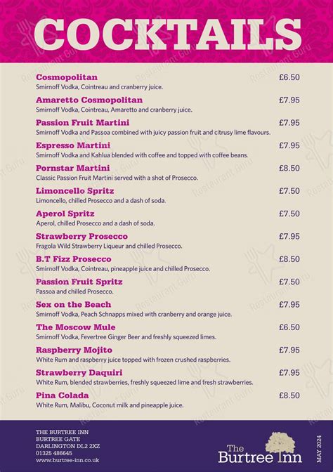 Menu At The Burtree Inn Pub And Bar Darlington Burtree Lane