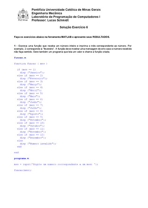 Solução Matlab Exercícios 6 Solução Exercício 6 Docsity