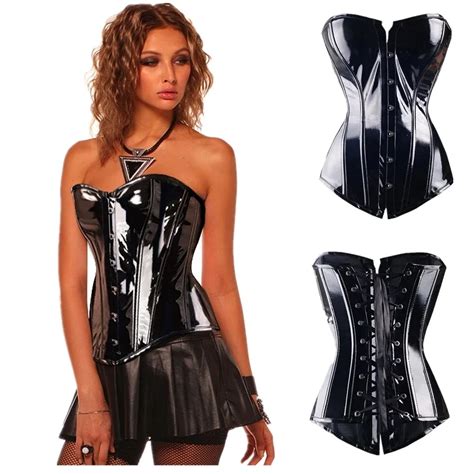 Cors Sexy De Cuero De PVC Moldeador Steampunk Pecho Superior Pl Stico Abdomen Negro Brillante