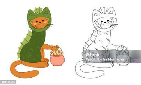 유로 동전이 든 냄비가 있는 용 의상을 입은 고양이 캐릭터 컬러 흑백 벡터 일러스트 레이 션 0명에 대한 스톡 벡터 아트 및 기타 이미지 Istock