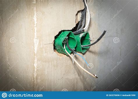 Wall With Wire In Socket Holes Preparation Before Installing Socket