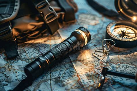 Adventure Readiness With A Flashlight And Compass On An Explorer S Map At Dusk Stock Image