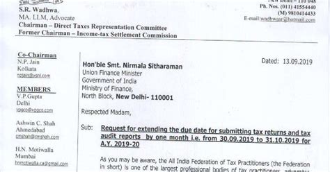 Extend Due Date For Filing Of Itr And Tax Audit Reports By One Month For Ay 2019 20