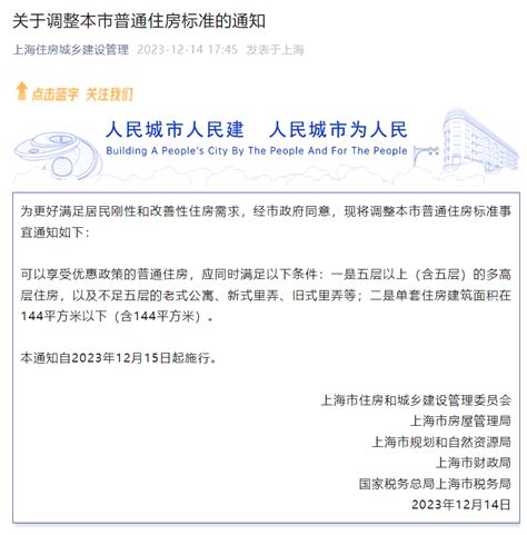 上海调整普通住房标准