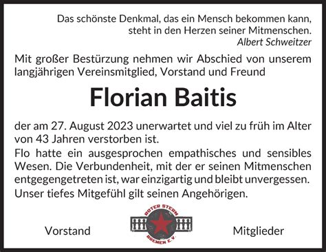 Traueranzeigen Von Florian Baitis Trauer And Gedenken