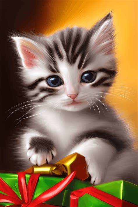 Cute Kitten Peeking Out Of Christmas Present Portrait · Creative Fabrica