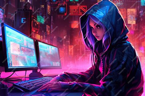 Premium Photo Beautiful Cyberpunk Anime Girl Hacker Illustration