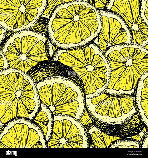 Fresh Lemons Hand Drawn Seamless Vector Pattern Sliced Citrus Ink Pen