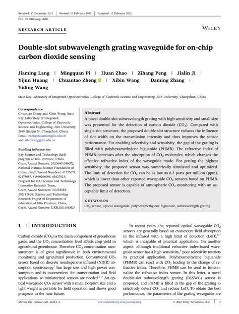 Double‐slot Subwavelength Grating Waveguide For On‐chip Carbon Dioxide Sensing