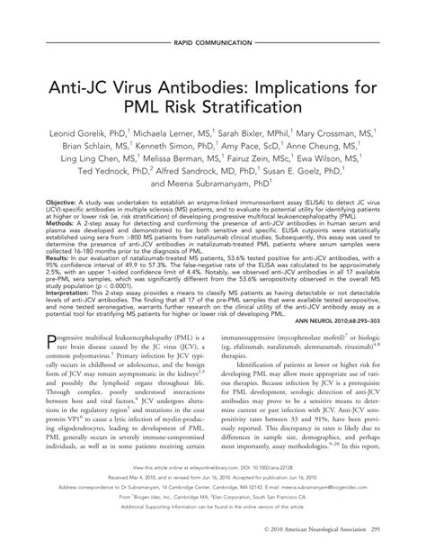 Pdf Anti Jc Virus Antibodies Implications For Pml Risk Stratification
