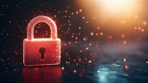 Digital Security Concept Featuring Glowing Red Padlock Surrounded By Sparkling Particles