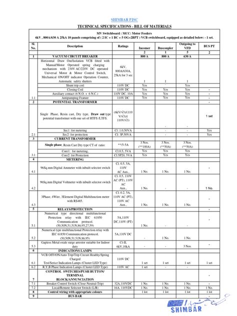 12 Bom For Mv Switchgear Pump Station 2nd Lift Pdf Switch Electrical Wiring