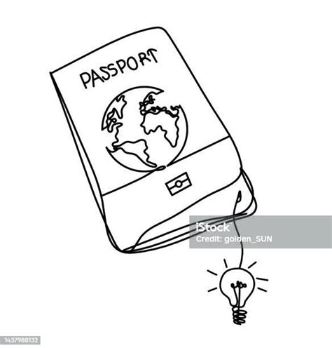 หนังสือเดินทางที่มีหลอดไฟ Ight เป็นรูปวาดเส้นบนพื้นหลังสีขาว ภาพประกอบสต็อก ดาวน์โหลดรูปภาพ