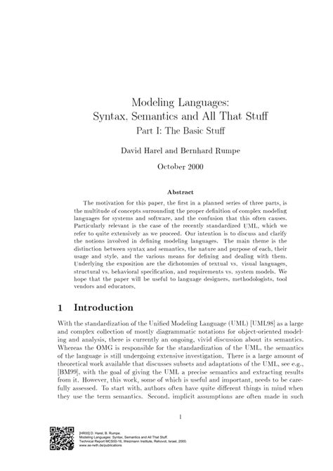Pdf Modeling Languages Syntax Semantics And All That Stuff Part I
