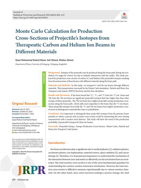 Pdf Monte Carlo Calculation For Production Cross Sections Of Projectiles Isotopes From