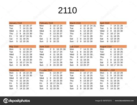 Calendar Year 2110 English Language Stock Vector By Claudiodivizia