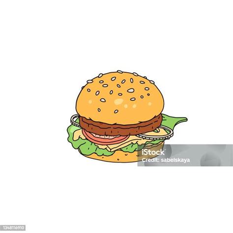 패티 다진 쇠고기 벡터 아이콘맛있는 치즈 버거 상세한 만화 스타일의 햄버거와 패스트 푸드 로고 가루로 빻은에 대한 스톡 벡터
