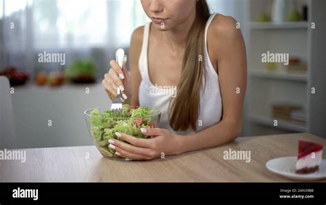 Slim Girl Chooses Salad Instead Of Cake Healthy Balanced Diet Self