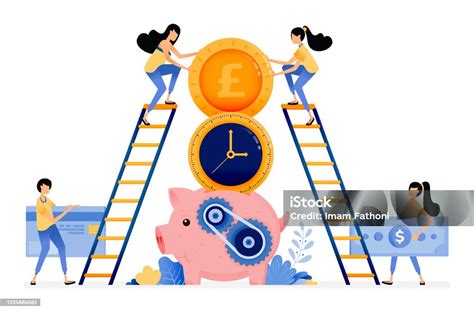 저장하고 투자하는 가장 좋은 시간의 벡터 디자인 젊은 사람들을위한 금융 서비스 시스템 저장을위한 돼지 저금통 일러스트는 웹 사이트 포스터 배너 모바일 앱 웹 소셜 미디어에