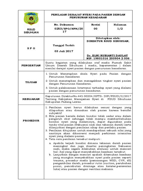 S P O Penilaian Derajat Nyeri Pada Pasien Dengan Penurunan Kesadaran Pdf
