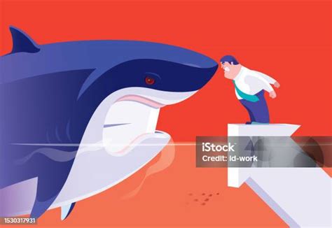 화난 사업가가 화살표 기호에 서서 분노한 상어를 마주하고 있다 갇힌에 대한 스톡 벡터 아트 및 기타 이미지 갇힌 개념