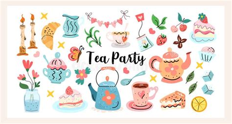 Hand Drawn Tea Party Collection With Cute Teapots Cups Cakes And Cozy Details Perfect For