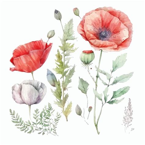 손으로 그린 수채화 양귀비 그림 Boho 스타일의 흰색 배경에 고립 된 Handdrawn 그림 프리미엄 벡터