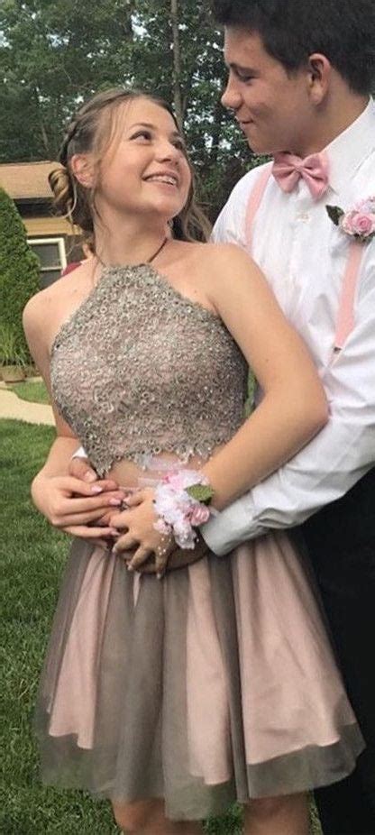 Two Piece Homecoming Dress Sexy Lace Halter Tulle Short Prom Dress Par