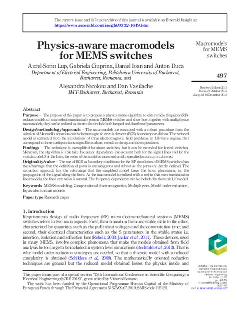 Pdf Physics Aware Macromodels For Mems Switches
