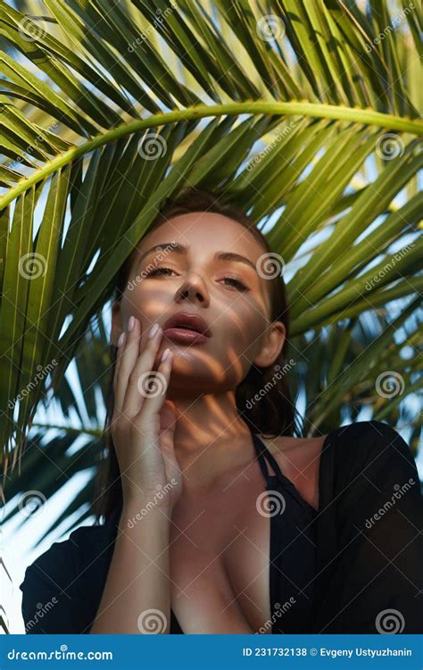 Beautiful Summer Girl In Sunset Young Woman In Bikini Under Palm Tree
