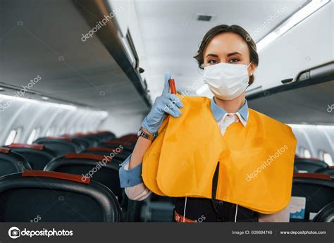 Safety Instructions Young Stewardess Work Passanger Airplane — Stock