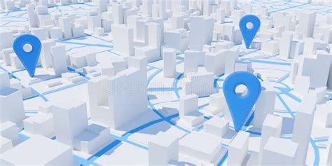 Multiple Blue Location Markers Or Pins On Abstract White City Model Background With Blue Roads