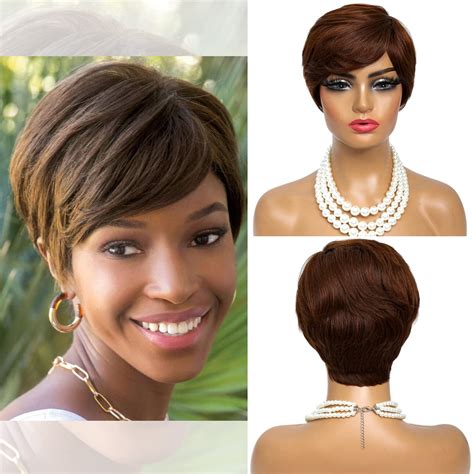 Yonova Brown Pixie Cut Wigs Human Hair Layered Side Long Bangs Pixie