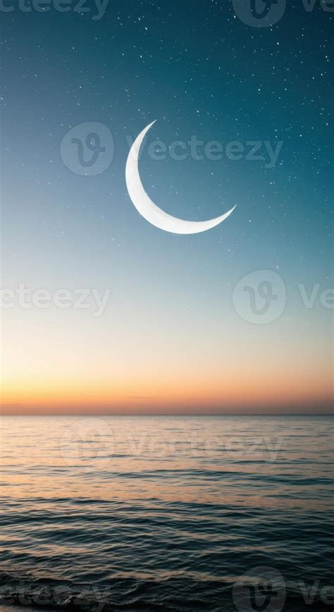 Crescent Moon Over Serene Ocean Sunset Peaceful Night Sky Starry Calm
