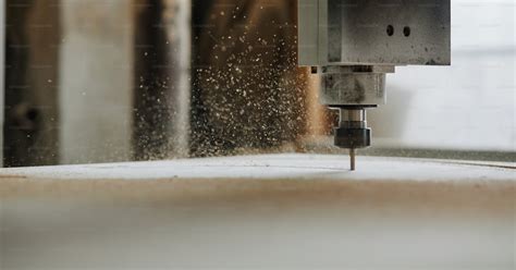 공기 중에 톱밥 조각이 있는 자동화된 생산 작업장에서 나무를 자르는 Cnc 조각 기계의 매크로 샷 복사 공간 사진 Unsplash의 작업 이미지